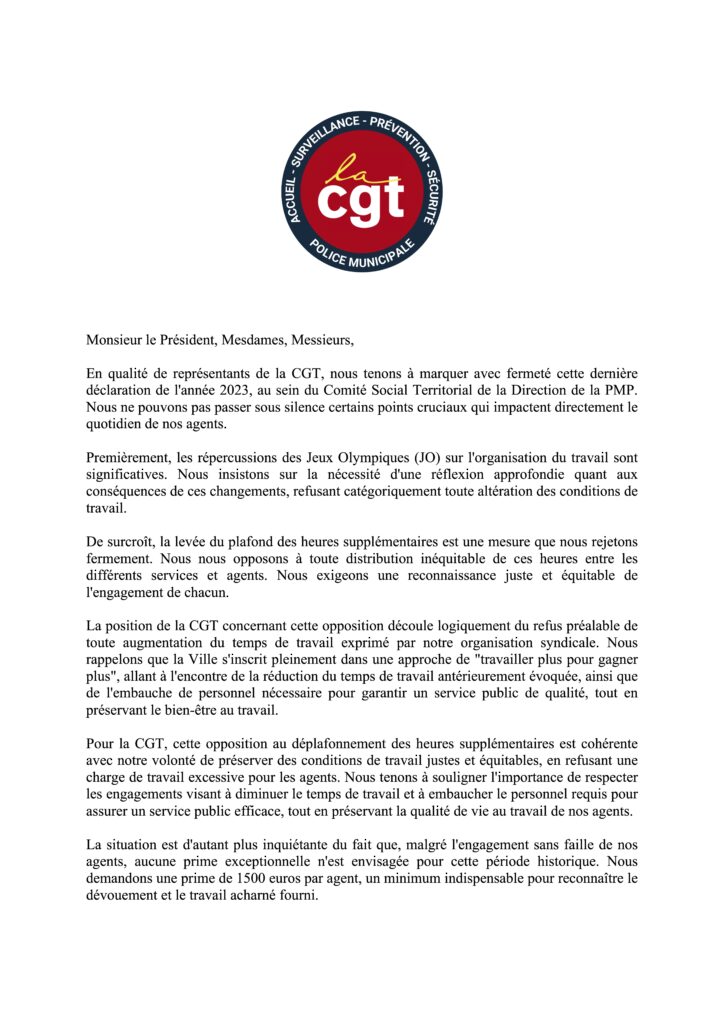 DÉCLARATION LIMINAIRE CGT LORS DU CST DPMP DU MARDI 05 DÉCEMBRE 2023 - ASPS
