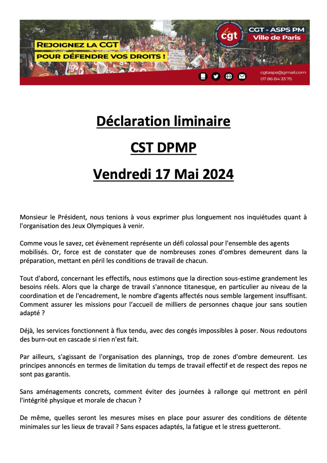 Déclaration liminaire CST DPMP Vendredi 17 Mai 2024 - ASPS